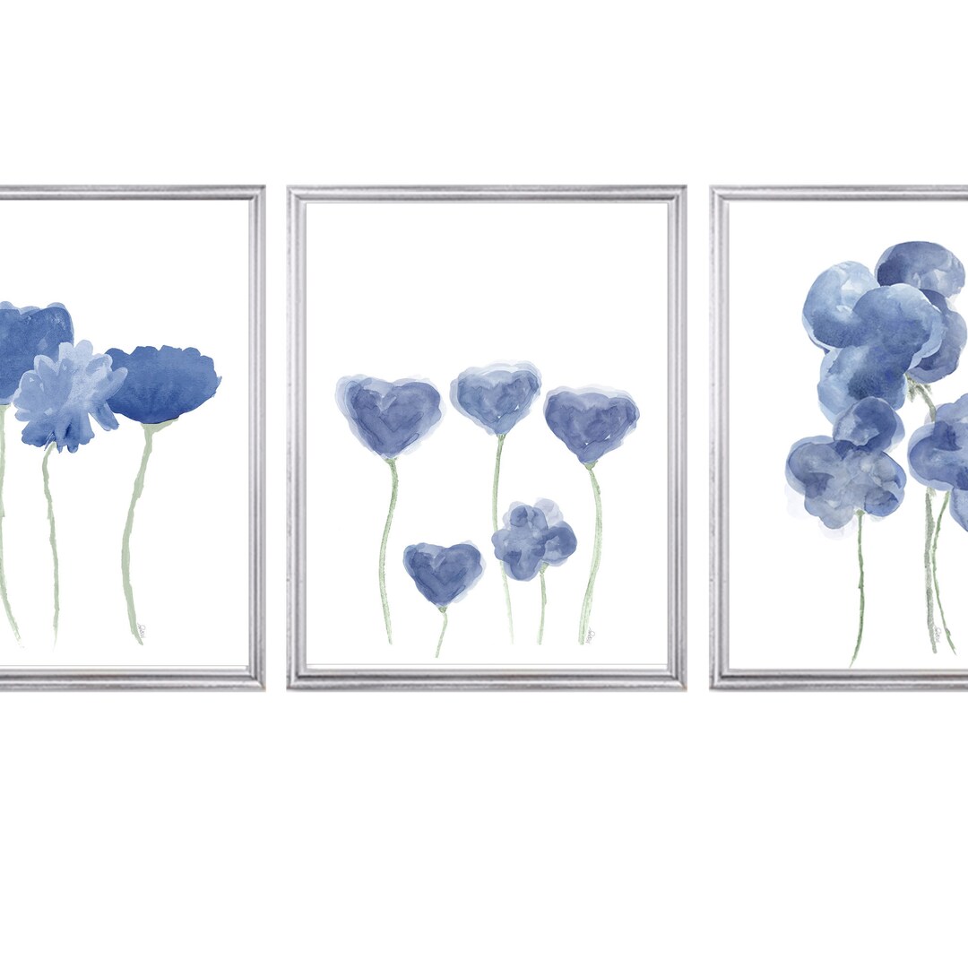 Navy Floral Wall Art Set of 3 Prints Contemporary Flower - Etsy