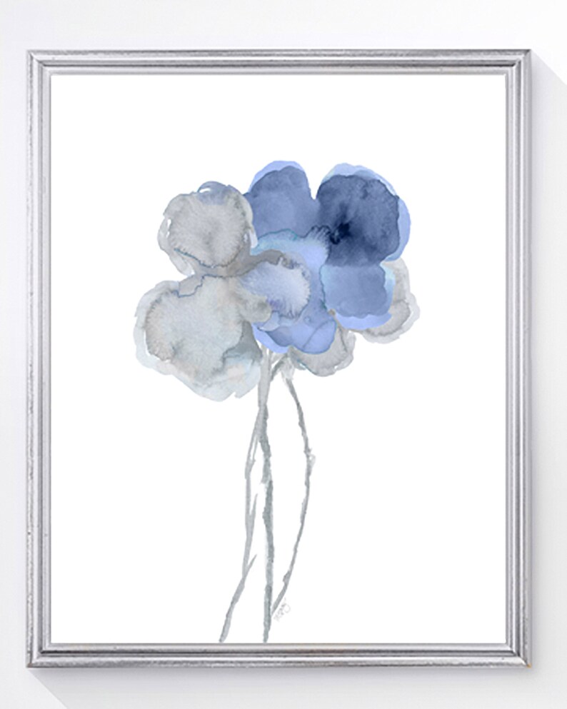 Blue and Gray Floral Wall Art, Set of 3 Prints, Watercolor Botanical ...