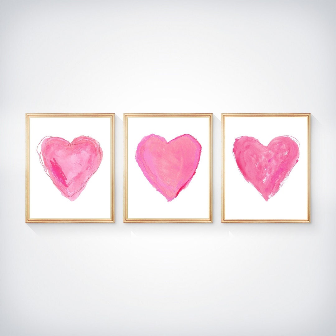 Pink Wall Art, Artistic Bright Pink Heart Prints, Hot Pink Hearts, Pink ...