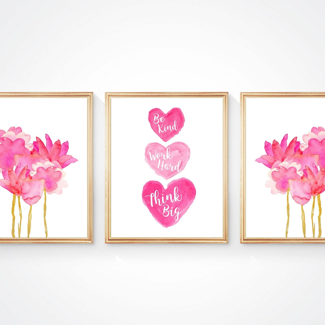 Hot Pink and Gold Wall Art, Be Kind, Work Hard, Think Big, Set of 3 ...