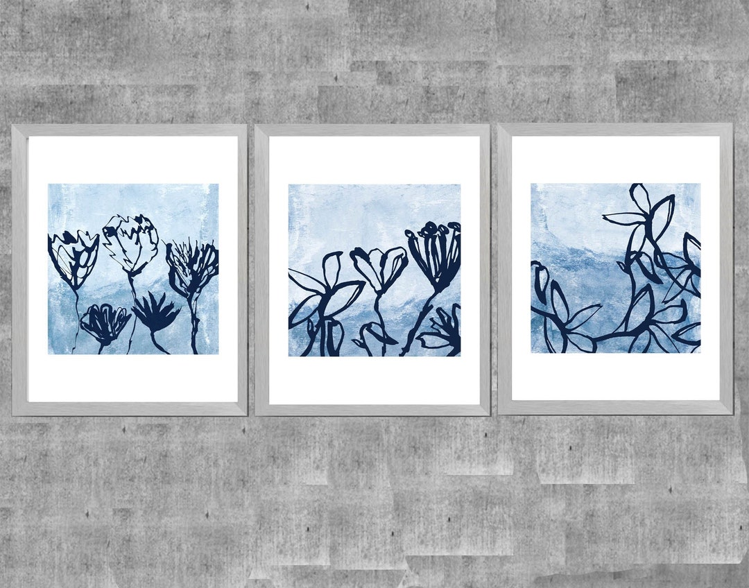 Navy Blue Botanical Artwork, Set of 3 Flowers, Modern Art in Navy ...