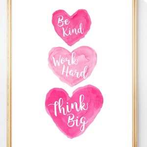 Hot Pink and Gold Wall Art, Be Kind, Work Hard, Think Big, Set of 3 ...
