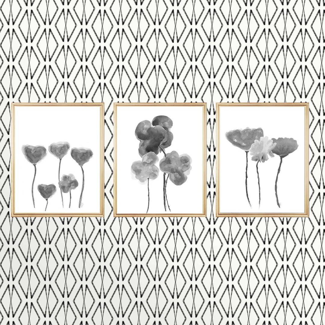 Dark Botanical Prints, Gray Flower Prints, Set of 3, Black Floral Wall ...