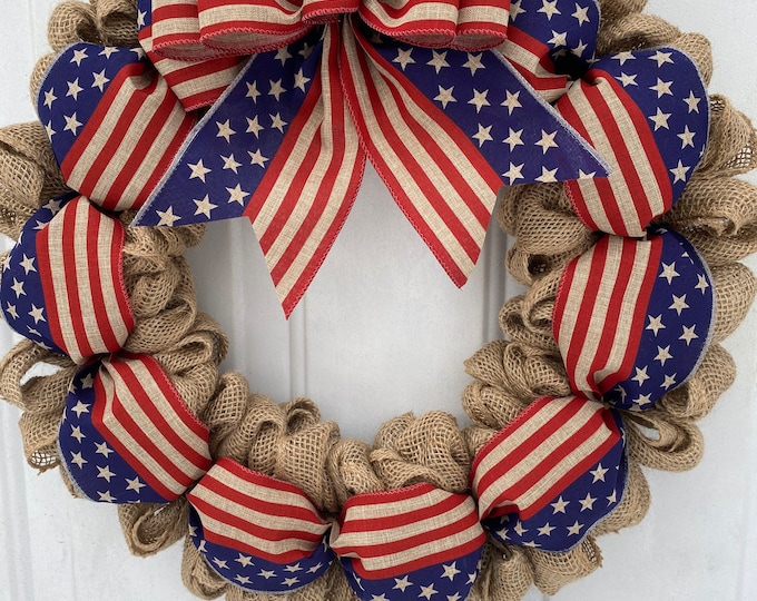Patriotic Door Wreath Burlap Distressed American Flag Decor Americana ...