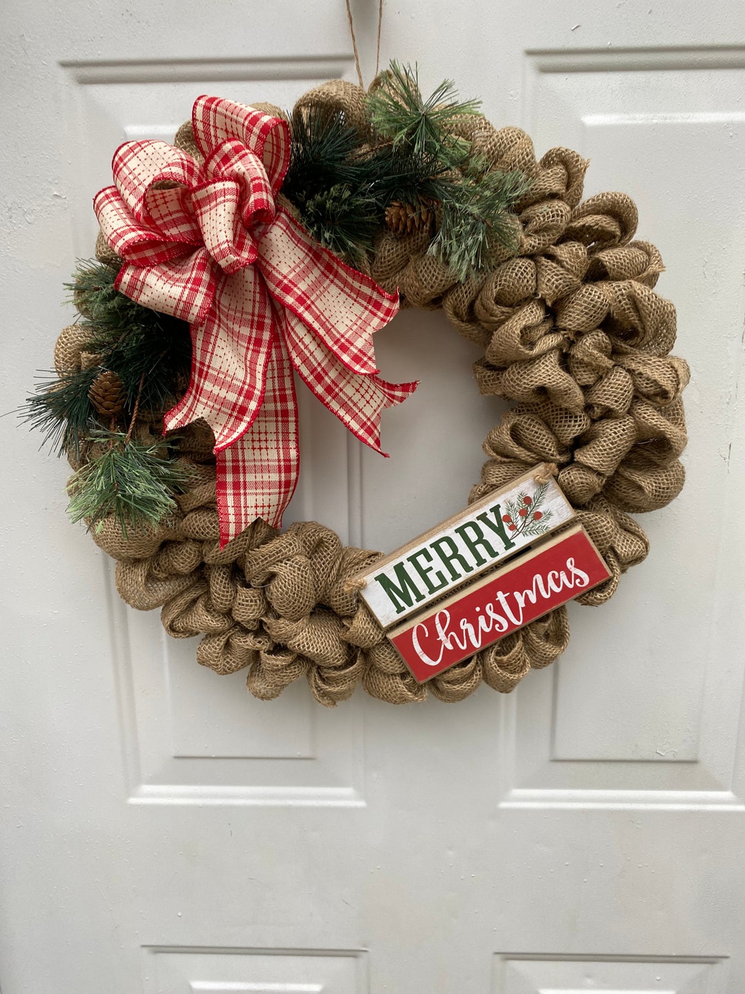 Rustic Burlap Farmhouse Christmas Evergreen Wreath Country - Etsy
