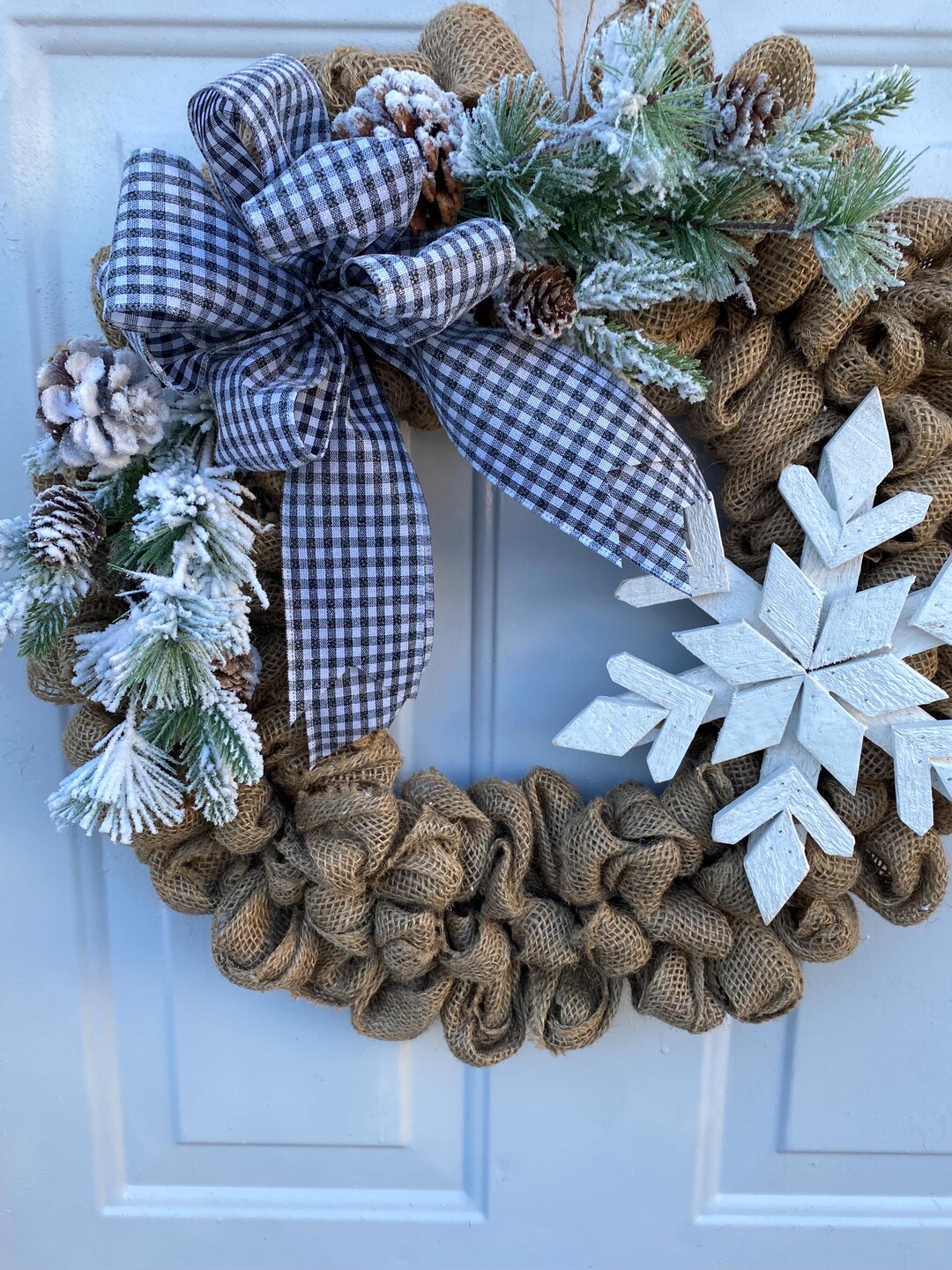 Rustic Winter Snowflake Burlap Wreath Grey Ribbon Flocked Evergreen ...