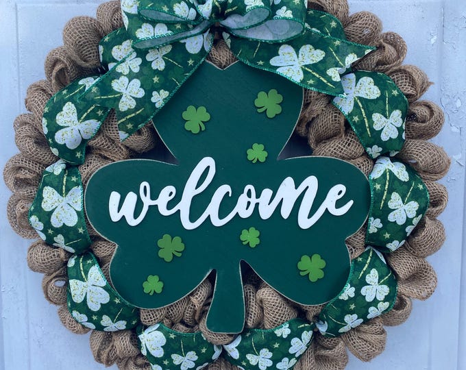 St Patricks Front Door Wreath Shamrock Farmhouse Welcome Wreath St ...