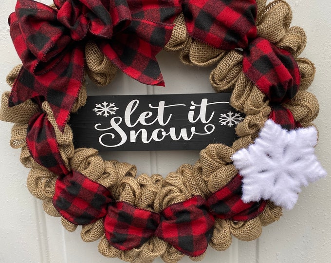 Winter Farmhouse Burlap Buffalo Plaid Let It Snow Wreath Winter Burlap ...
