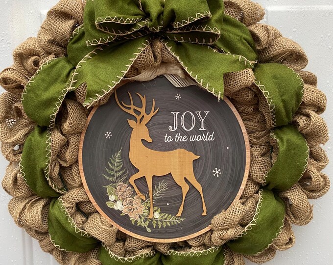 Rustic Burlap Christmas Wreath: Deer, Joy to the World Holiday Decor - Etsy