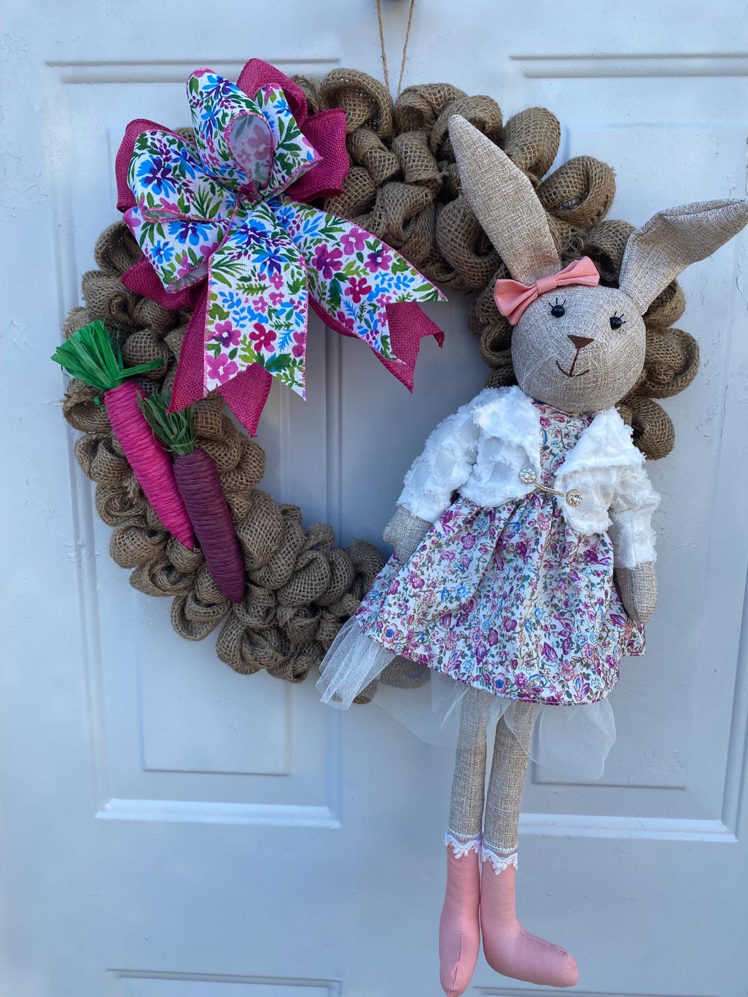 Spring Bunny Carrot Wreath, Easter Bunny Front Door, Burlap Carrot and ...