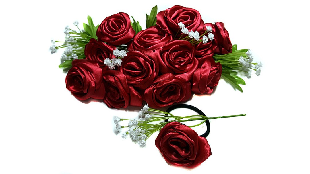 Rose Ponytail Holder- Handmade Satin Roses Ponytail Holders- Many ...