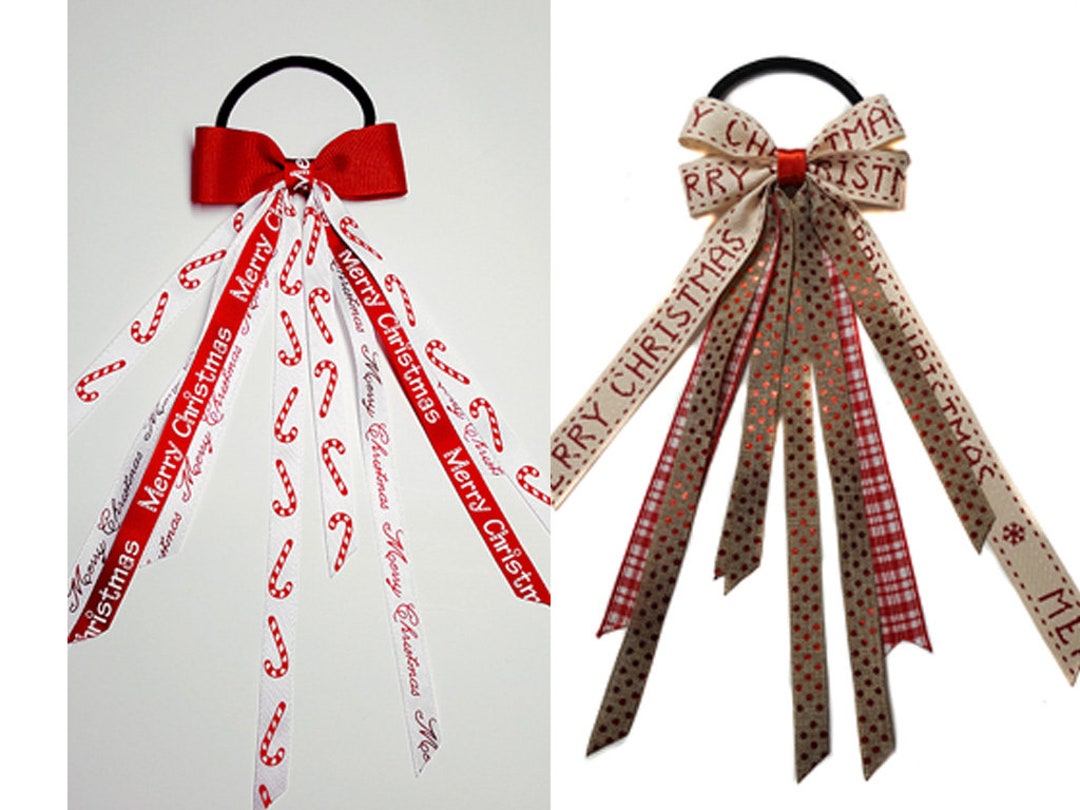 Christmas Hair Bow Ribbon Streamers- Candy Cane or Polka Dots- Ponytail ...