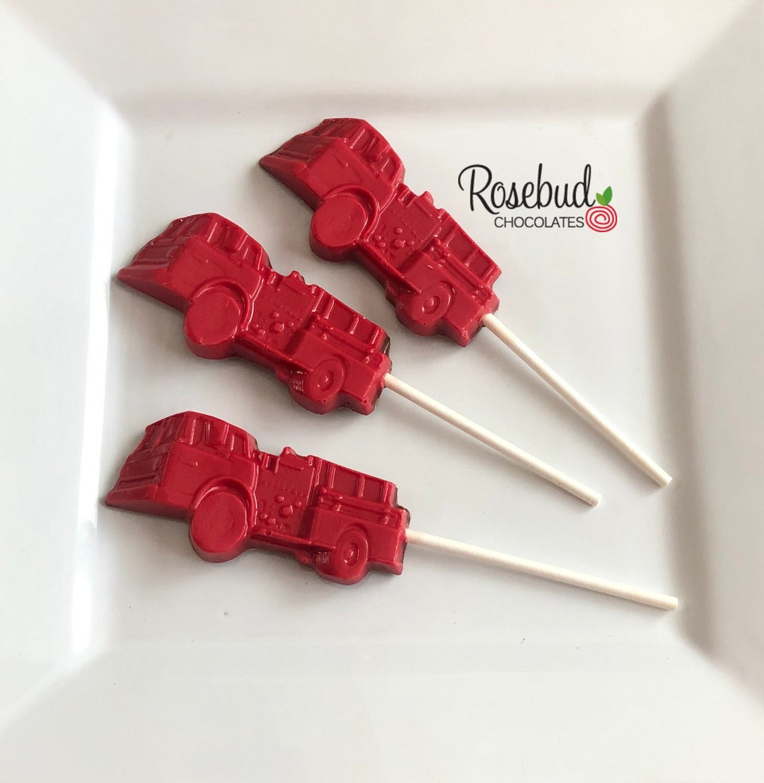 12 FIRE ENGINE Chocolate Red Truck Lollipops Fireman Firefighter ...