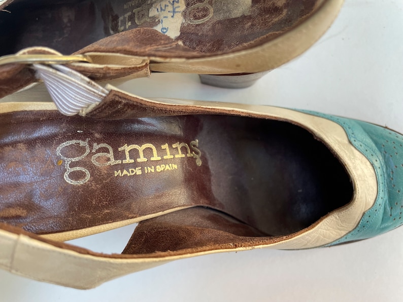 Vintage 1940s Cream and Teal Wingtip Oxford Gamins Sling Back Heels 6.5 ...
