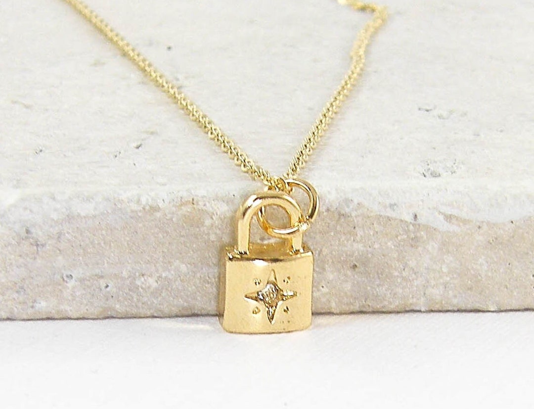 Tiny Gold Padlock Necklace, Gold Clear Rhinestone Star Charm Necklace ...