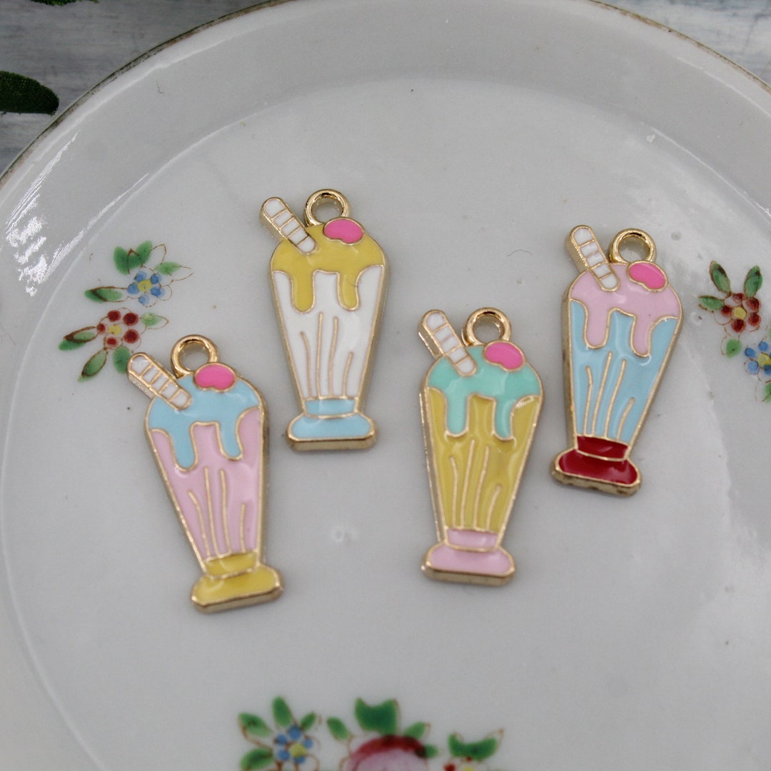 Set of 8 Assorted Mini Ice Cream Milkshake Gold Tone Enamel Charms ...