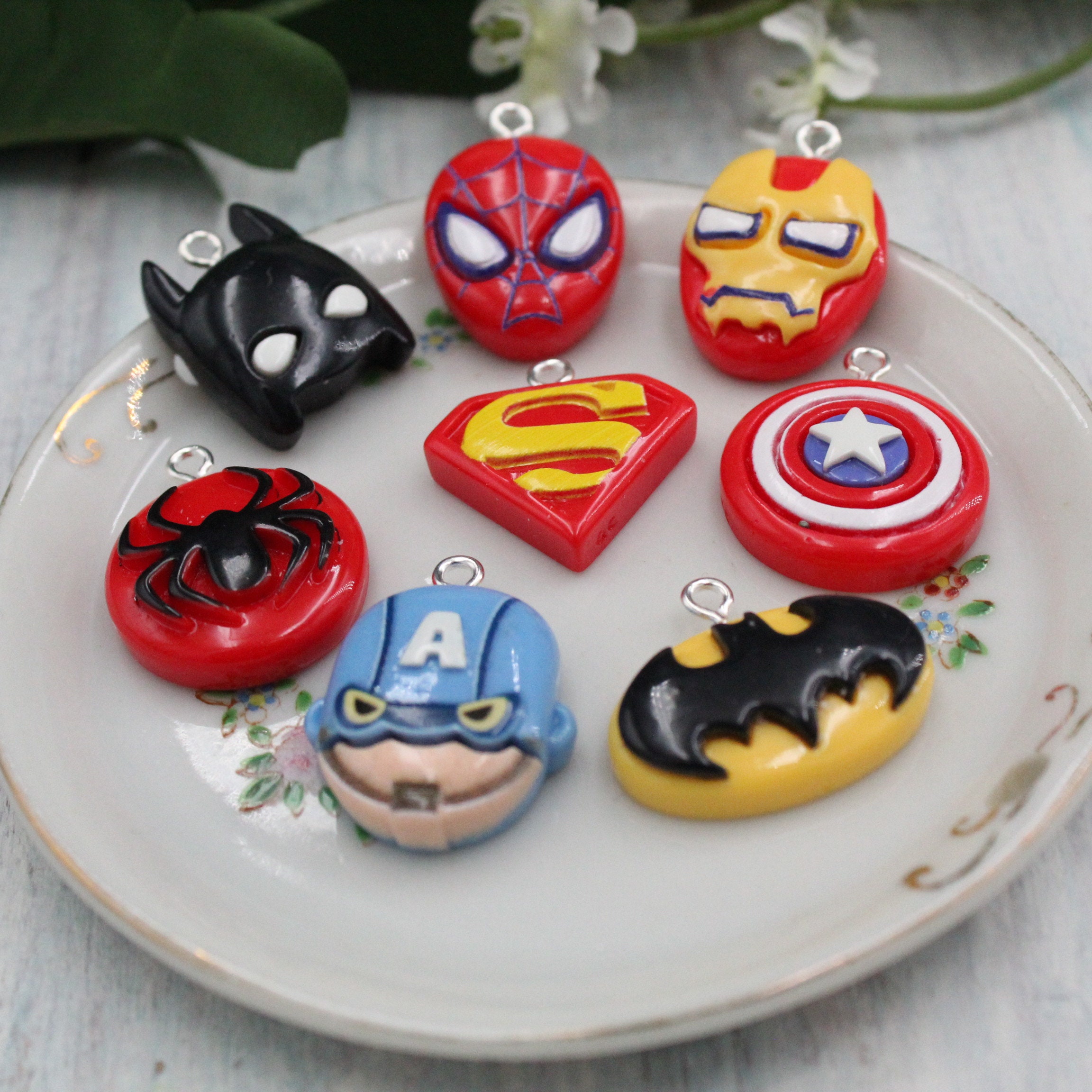 Set of 8 Assorted Mini Super Hero Logo Resin Charms Flat Back Cabochon ...