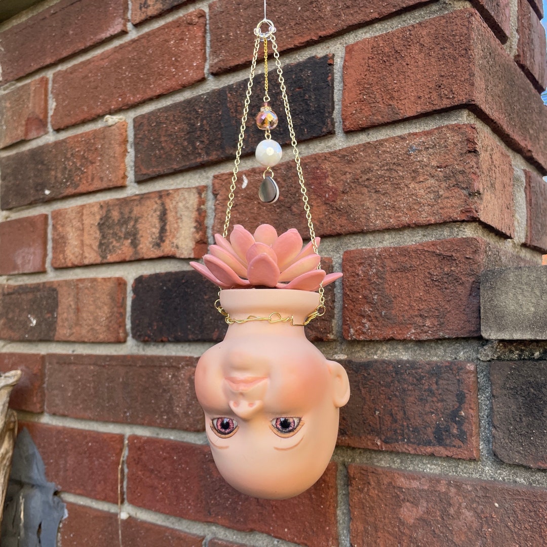 Rose Colored Creepy Bisque Porcelain Doll Head Hanging Air Plant ...