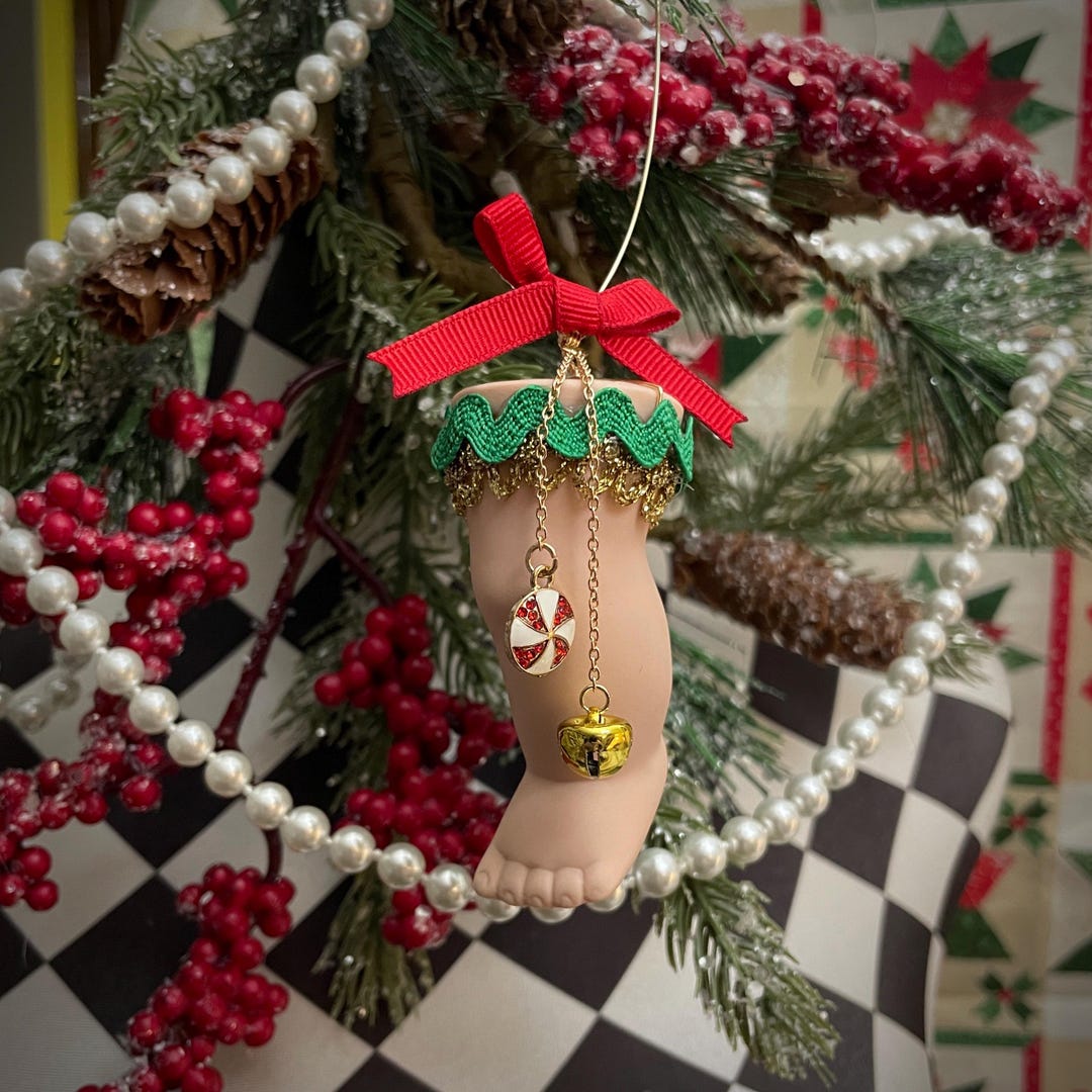 Repurposed Porcelain Doll Leg Christmas Ornament With Festive Trims and ...