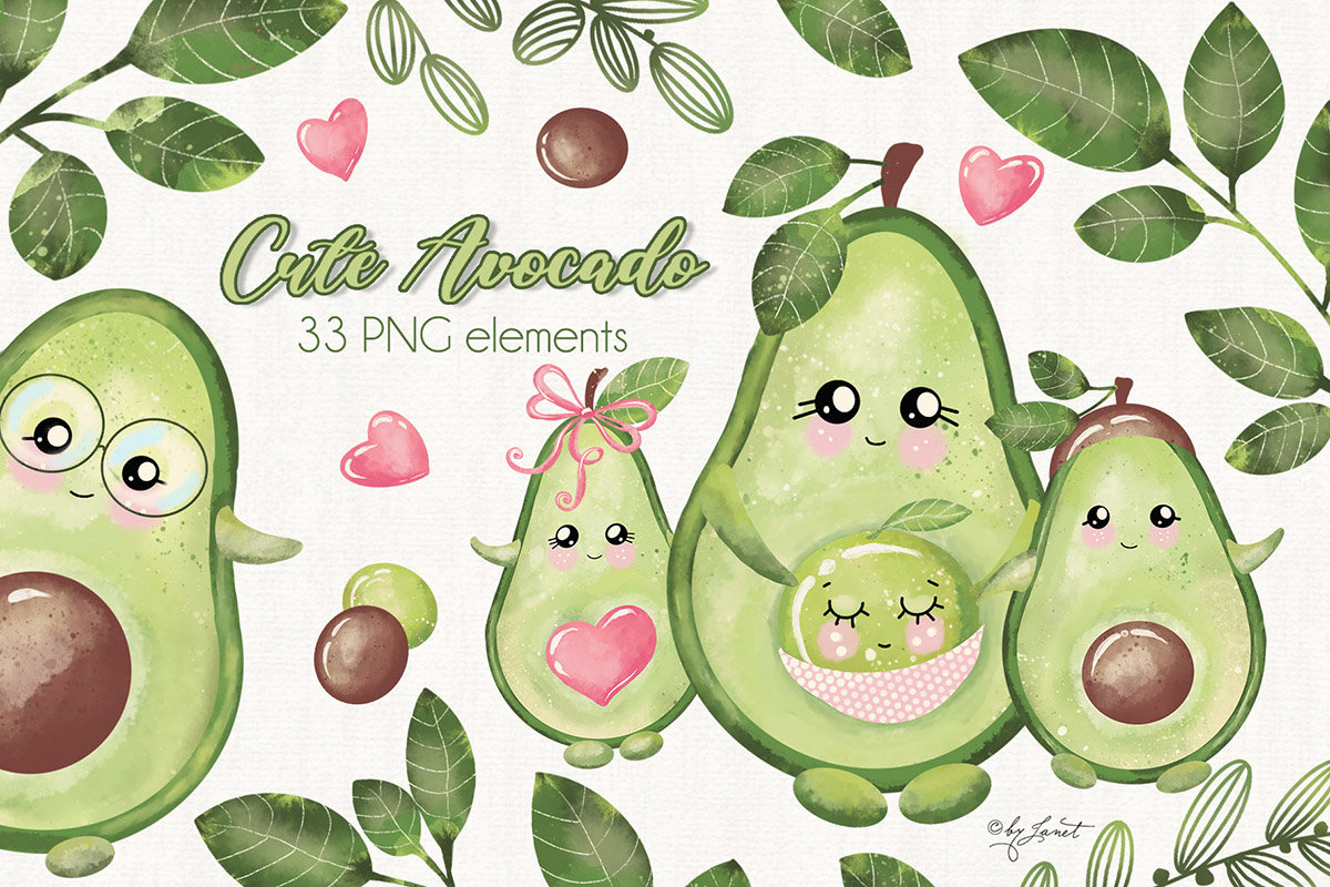 Avocados Family Cute Avocados Characters Watercolor Avocados Clipart ...