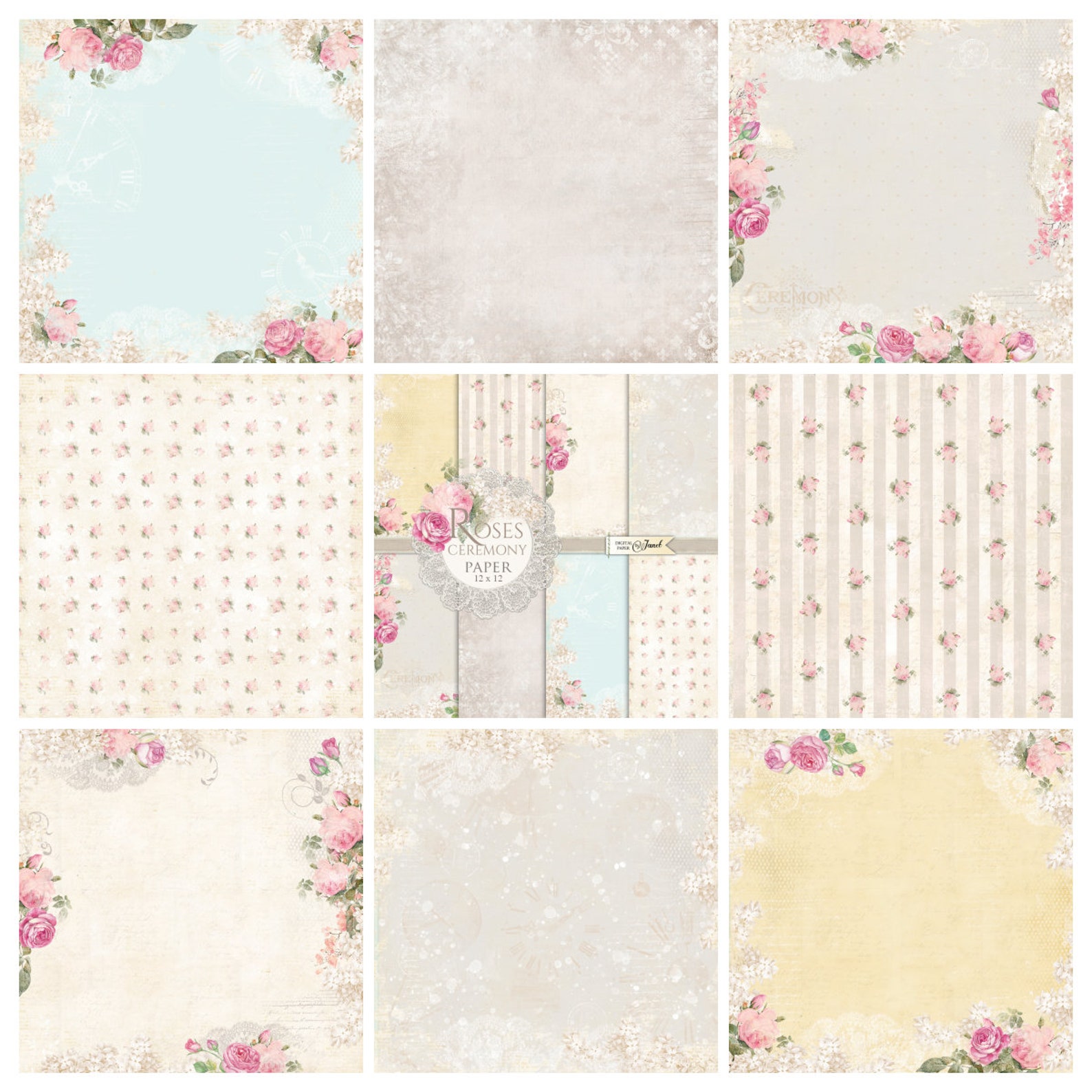 Rose Ceremony Scrapbook Paper - Shabby Chic Wedding Digital Kit ...