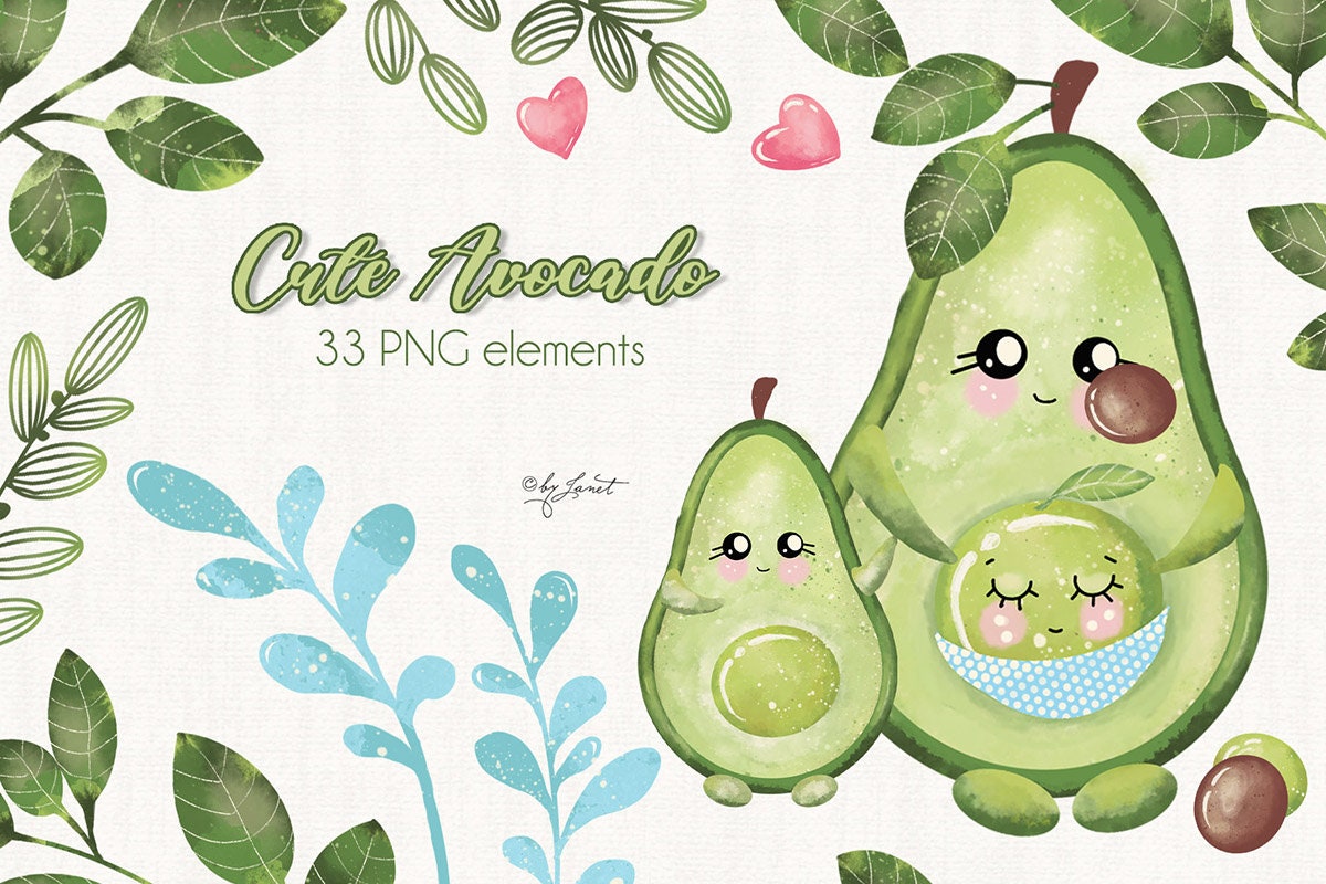 Avocados Family Cute Avocados Characters Watercolor Avocados Clipart ...