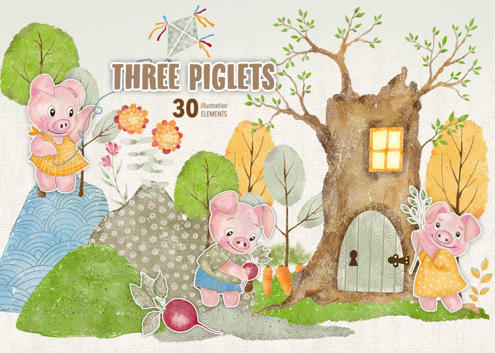 Three Piglets Collection 32 Watercolor Elements PNG File - Etsy