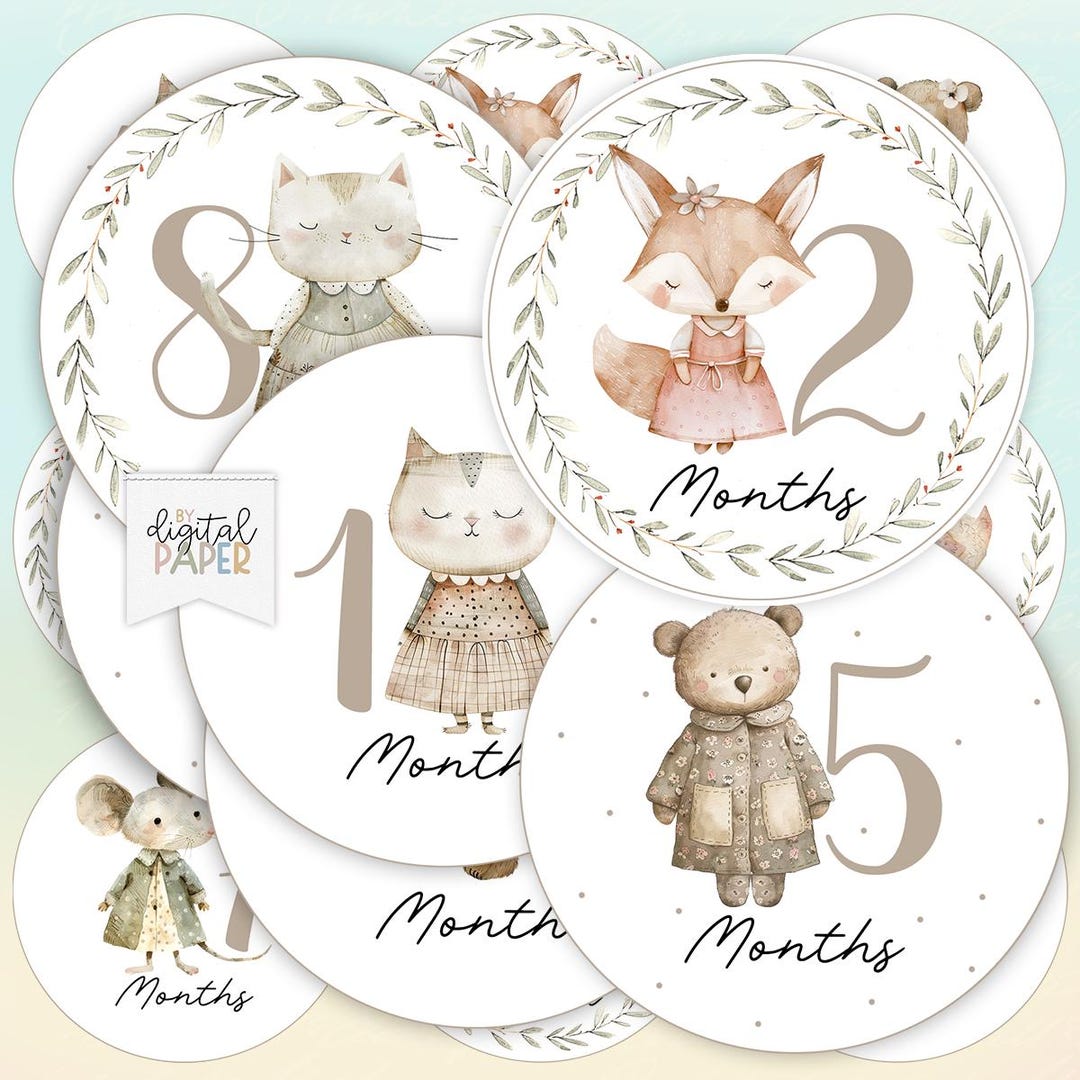 Baby Months, Cute Animals, Monthly Baby Milestone Stickers, Baby Born ...