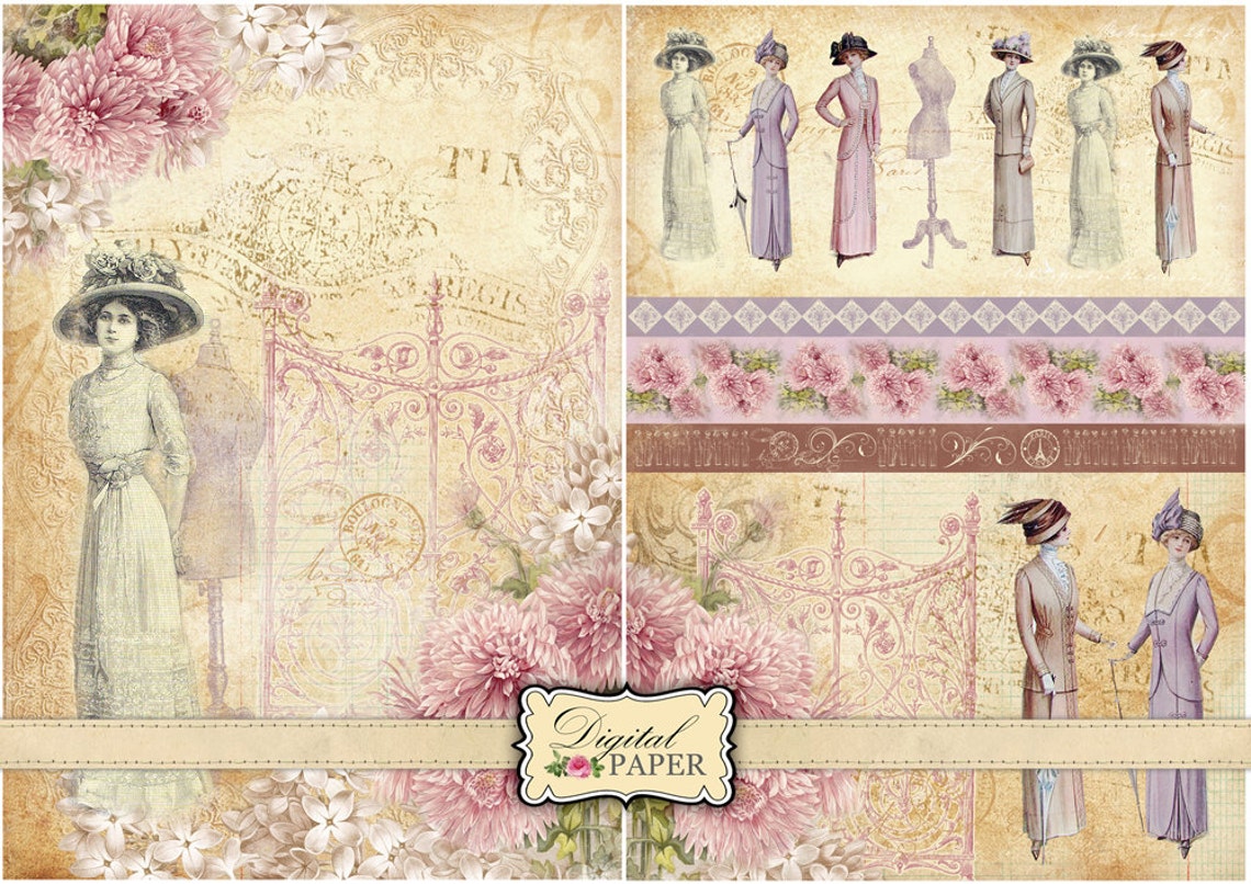 Flower Lady Set Background Paper Digital Collage Set of - Etsy