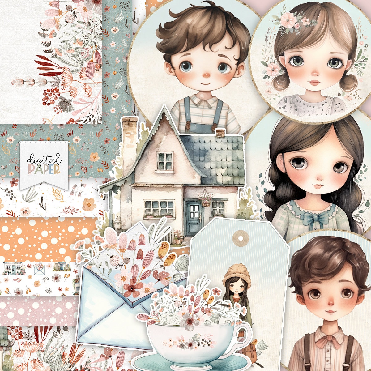 Cottage Children Scrapbook Kit: Printable Paper Craft Ephemera (JPG) - Etsy