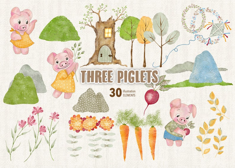 Three Piglets Collection 32 Watercolor Elements PNG File - Etsy