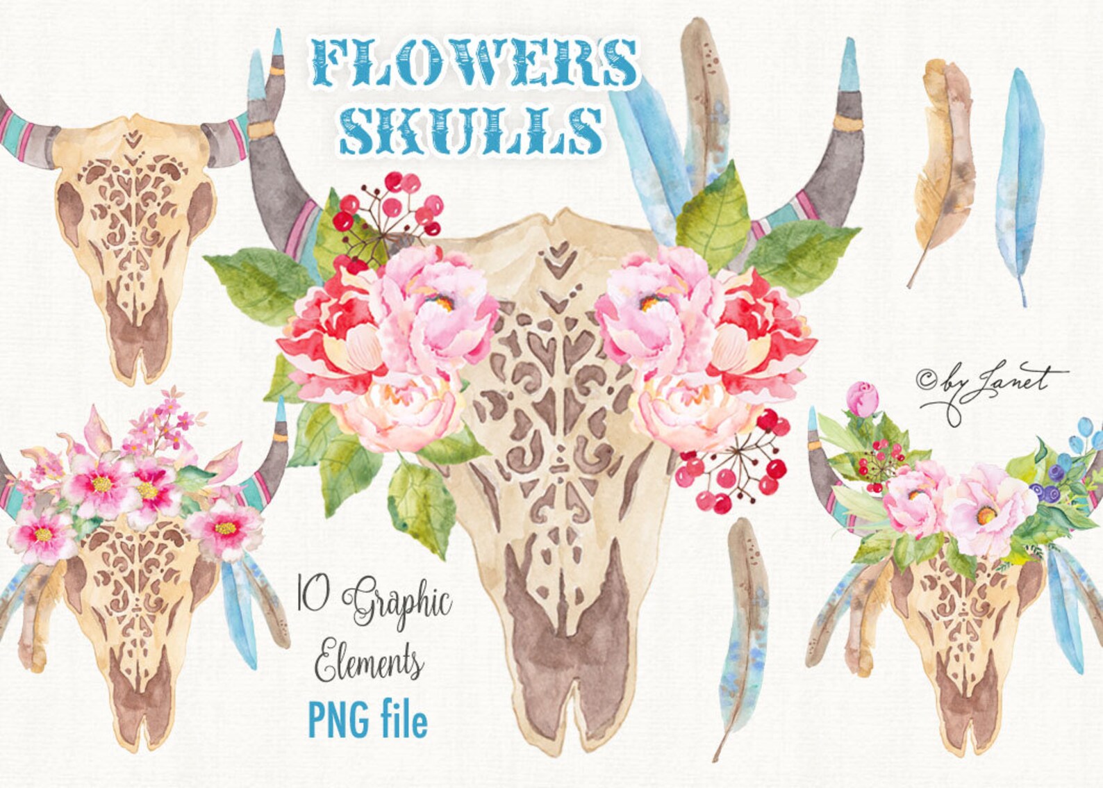 Watercolor Skull Boho Style Clipart Elements PNG File - Etsy