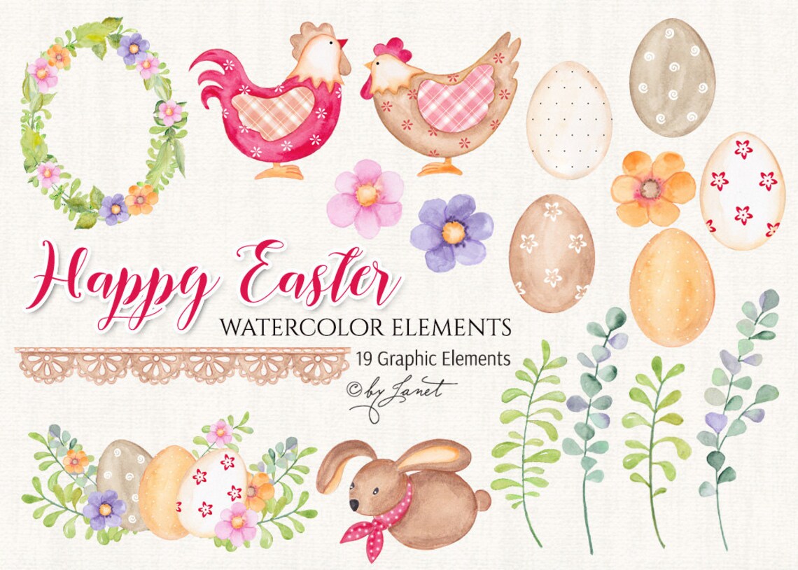 Happy Easter Watercolor Elements PNG File - Etsy