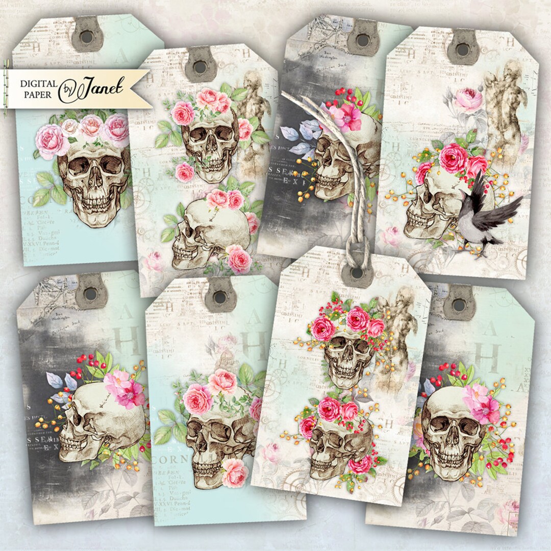 Flower Skull, Printable Collage, Ephemera, Halloween Skull, Junk ...