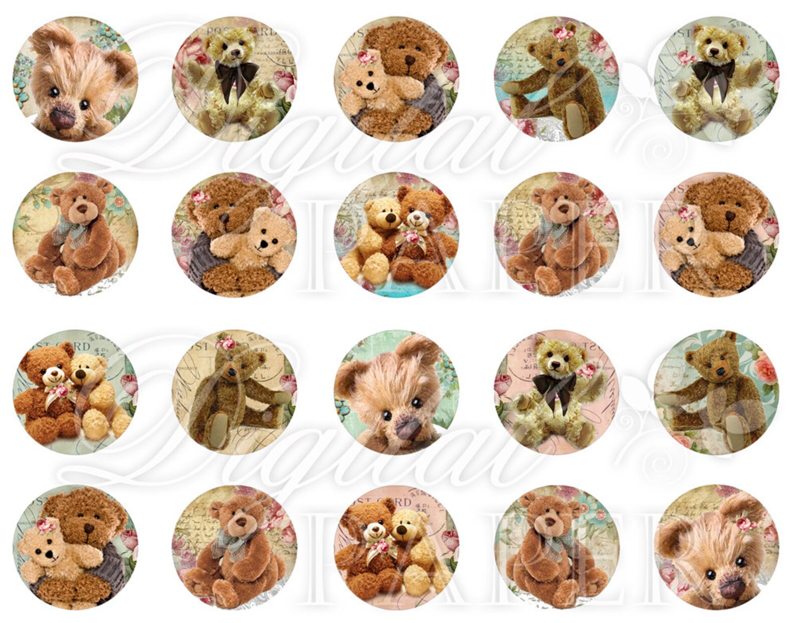 Teddy Bears Circles Image Digital Collage Sheet 1 X 1 | Etsy