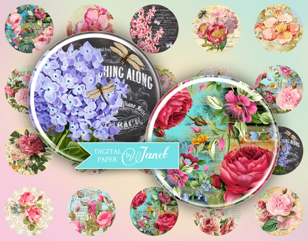 The Mix of Flowers - Circles Image - Digital Collage Sheet - 1 X 1 Inch ...