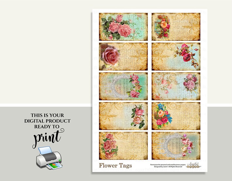 Flower Tags - Digital Collage Sheet - Set of 10 - Printable Download - Etsy