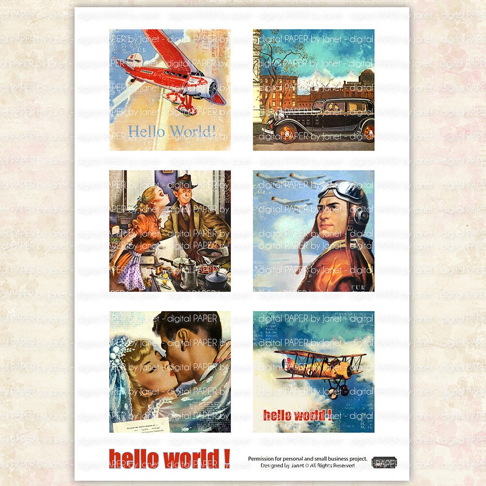 Hello World Set of 6 Digital Collage Sheet Printable - Etsy