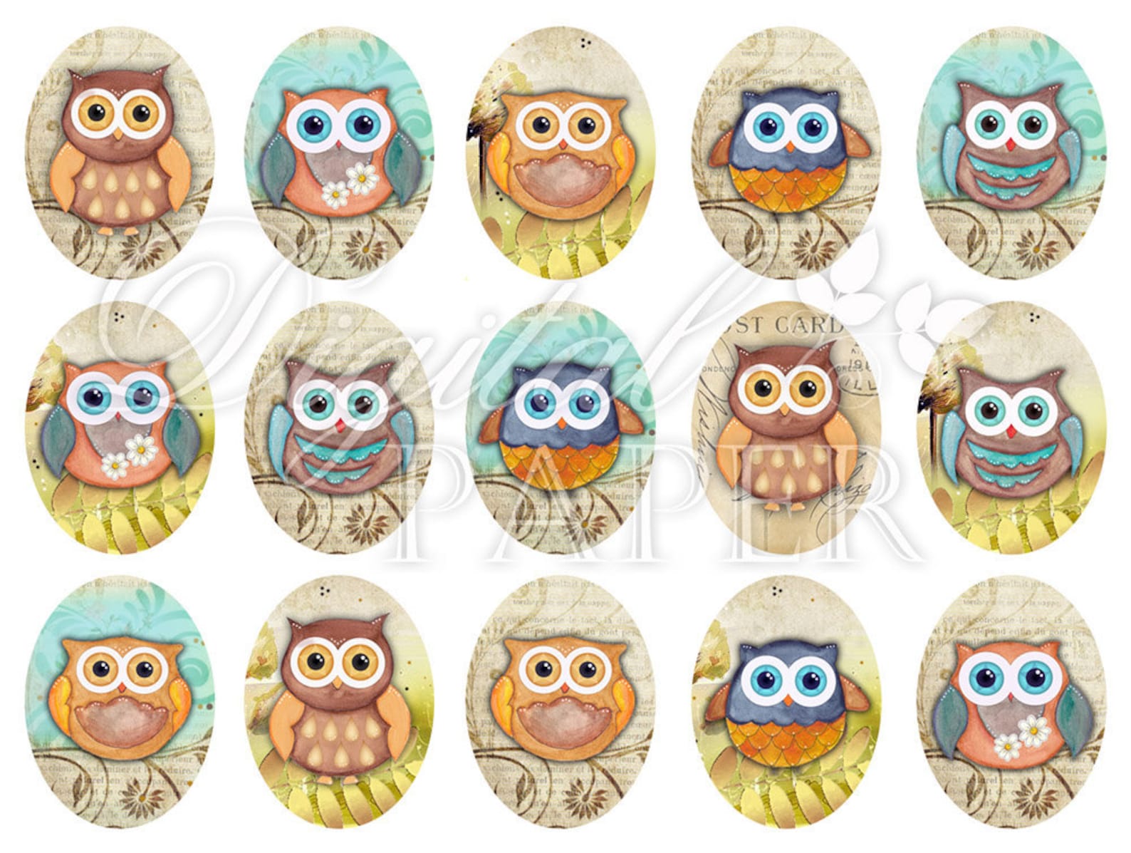 Owl Oval Image 30 X 40 Mm or 18 X 25 Mm Digital Collage | Etsy