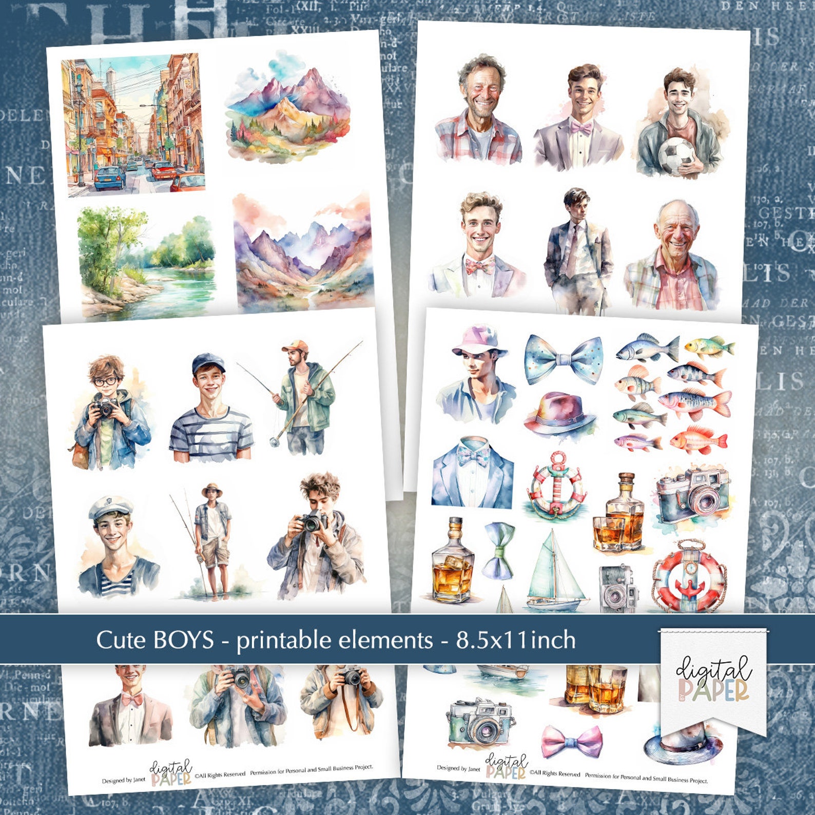 Cute Boys and Man Scrapbook Kit, Father and Son Ephemera, Masculine ...