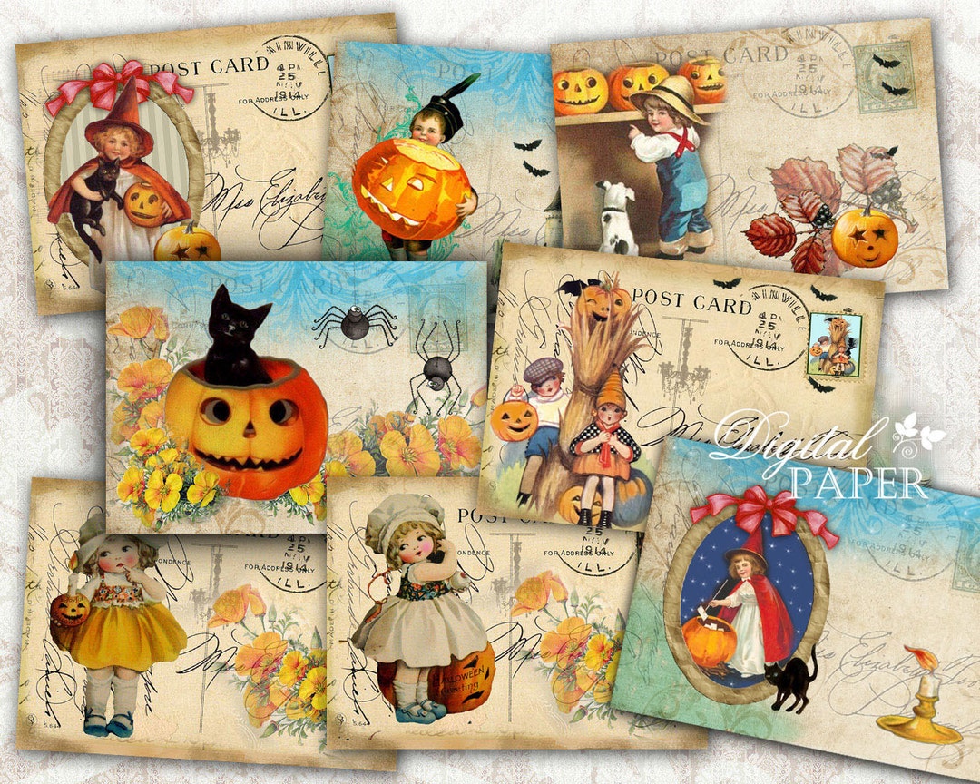 HALLOWEEN Post Card - Digital Collage Sheet - Set of 8 - Printable ...