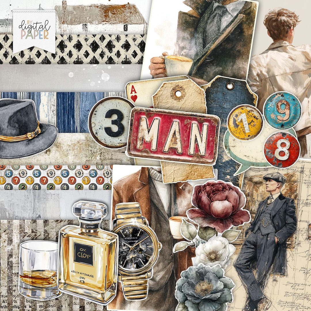 Vintage Man's World, Printable Digital Scrapbooking Kit, Papers Cut ...