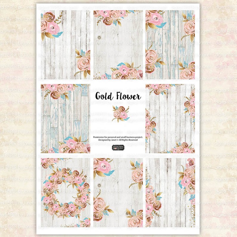 Gold Flower digital collage sheet set of 8 Printable | Etsy