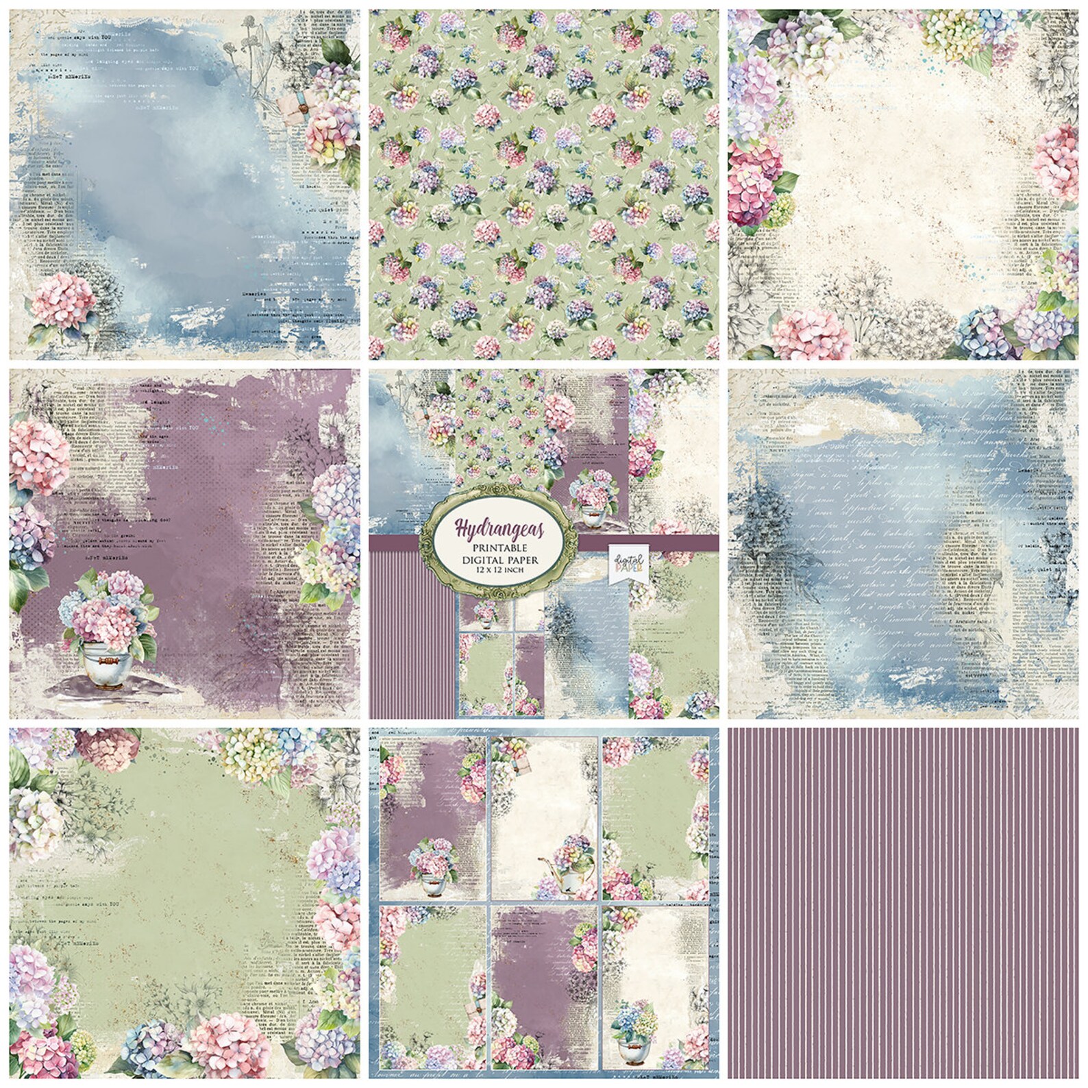 Hydrangeas Collection, Printable Scrapbooking Paper, 12x12 Inch ...
