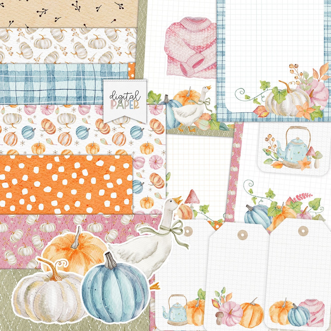 Happy FALL, Autumn, Pumpkins, Printable Scrapbooking Kit, Ephemera ...
