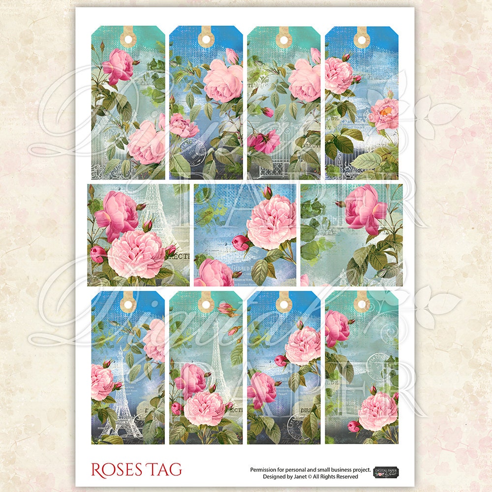 Roses Tag Digital Collage Sheet Set of 11 Printable - Etsy