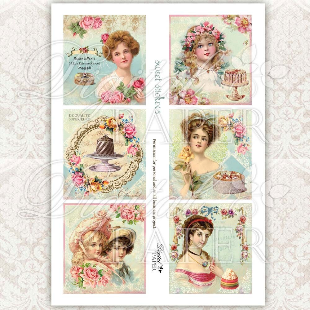 Sweet Stickers set of 6 digital collage sheet Printable | Etsy