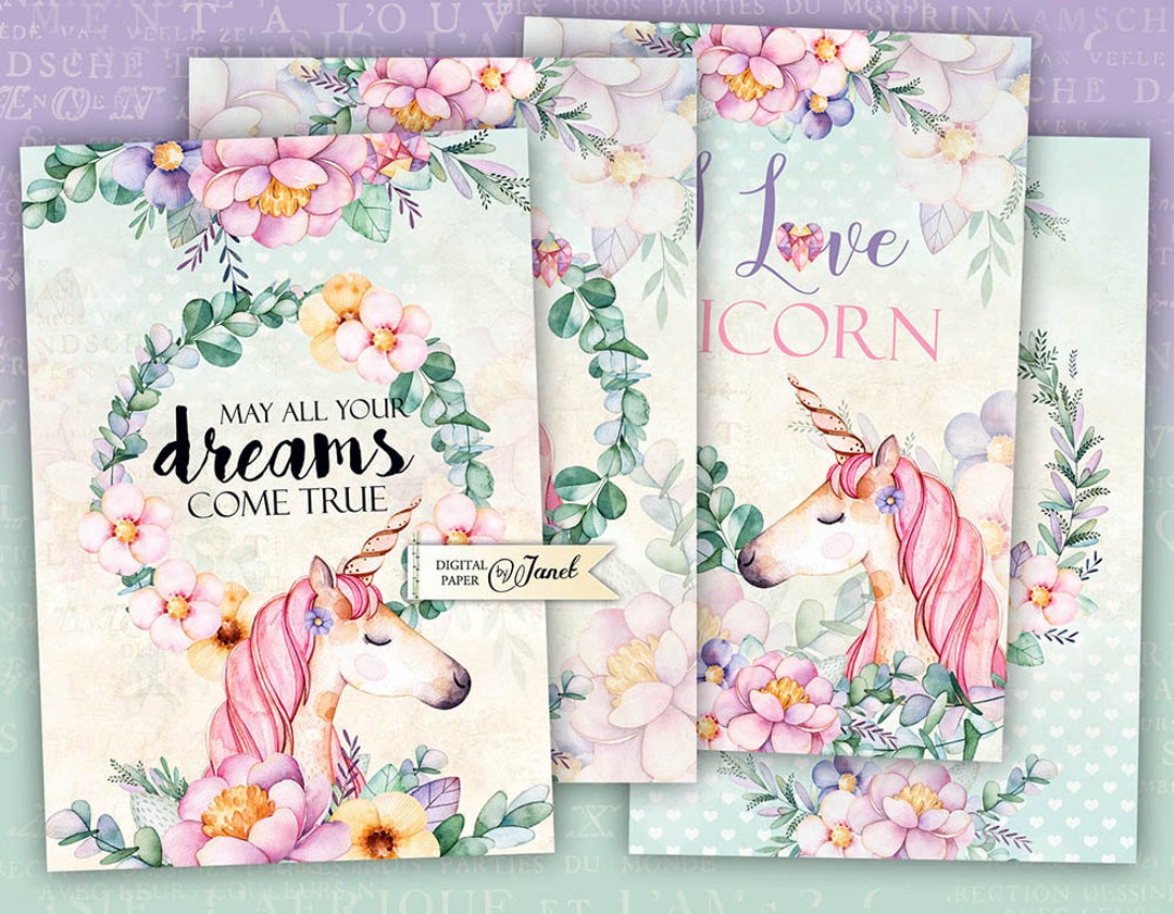 Unicorn Cards Digital Collage Sheet Set of 4 Cards Printable Download ...