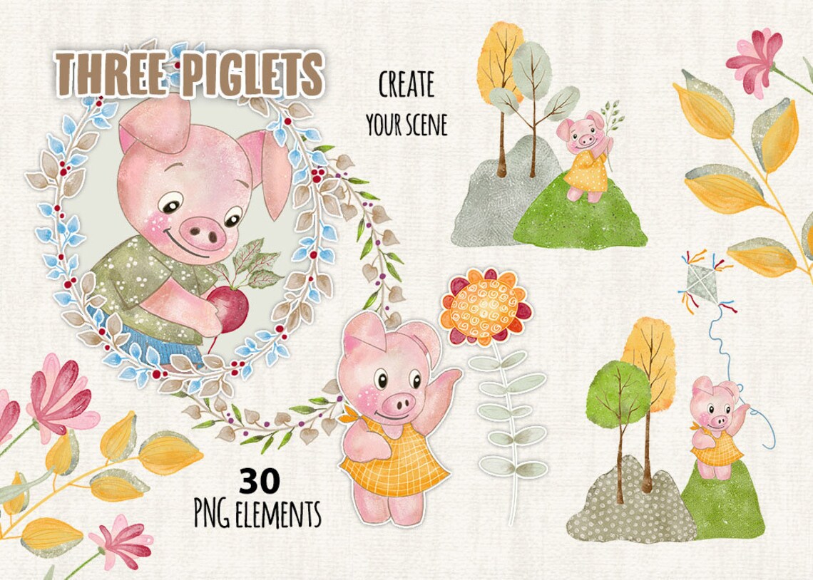 Three Piglets Collection 32 Watercolor Elements PNG File - Etsy
