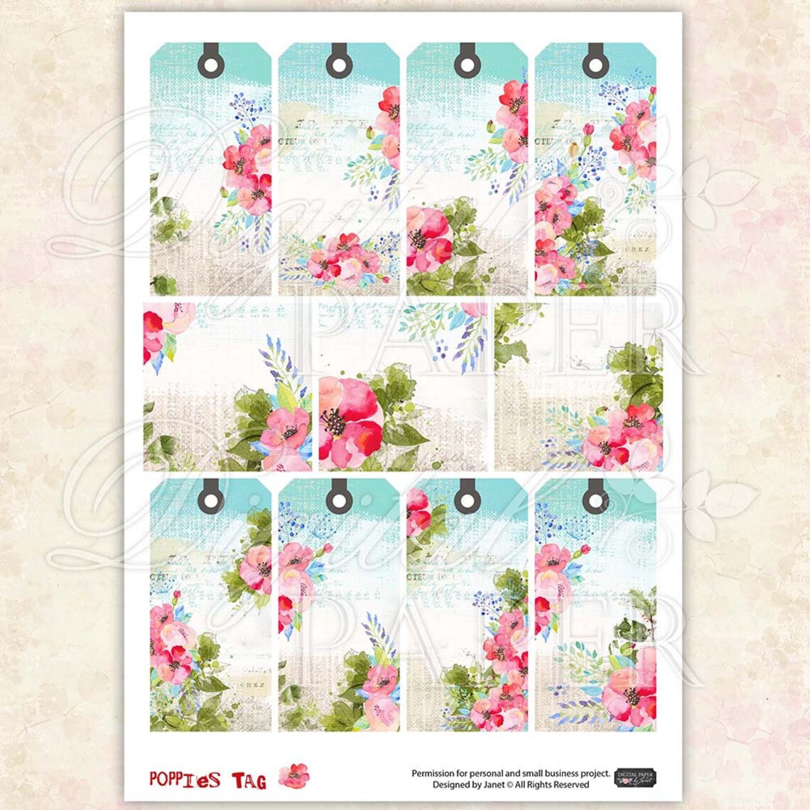 Poppies Tag Digital Collage Sheet Set of 11 Printable - Etsy